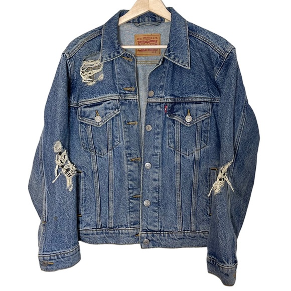 Jackets & Coats | Levis Distressed Torn Denim Trucker Jacket With ...